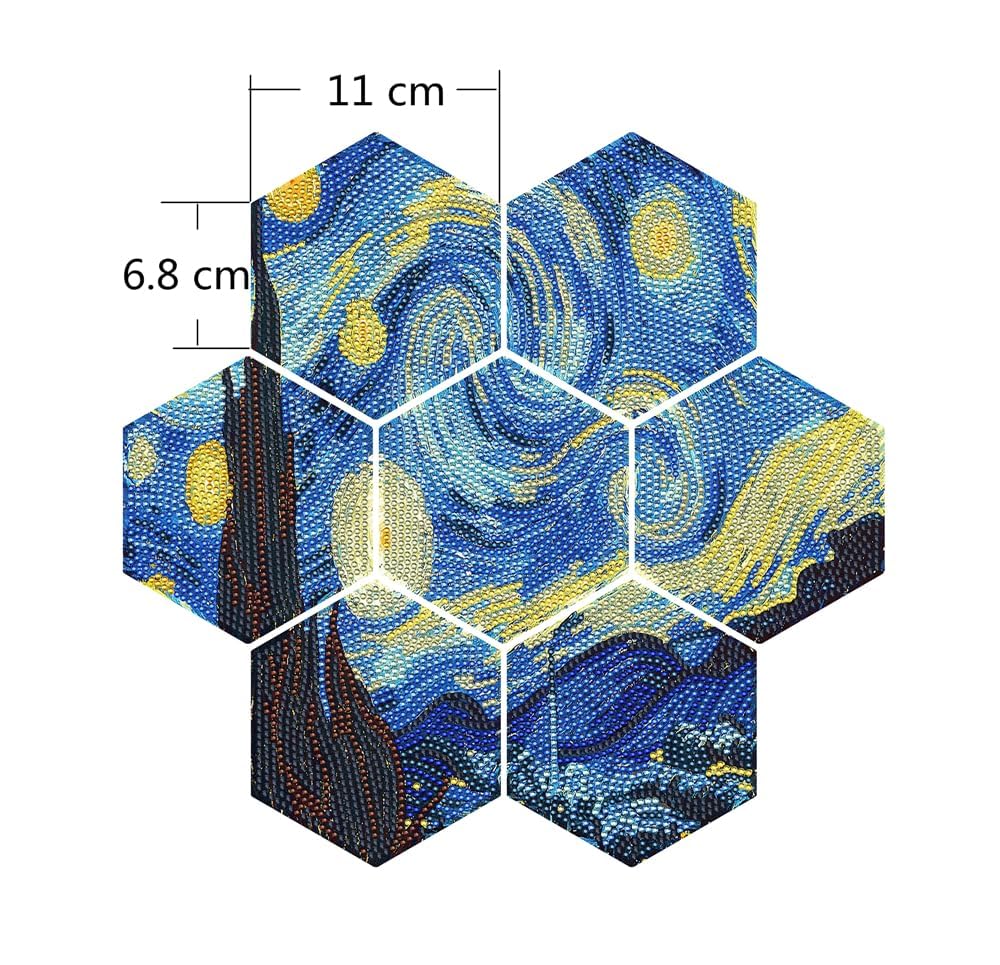 Diamond Painting Kits Coasters Starry Night, 7 PCS Diamond Art Hexagonal Coasters with Holder, Small Diamond Painting Kits for Adults Beginners