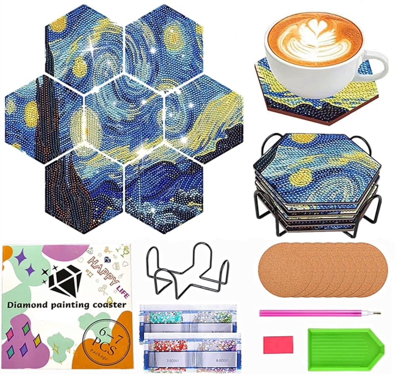 Diamond Painting Kits Coasters Starry Night, 7 PCS Diamond Art Hexagonal Coasters with Holder, Small Diamond Painting Kits for Adults Beginners