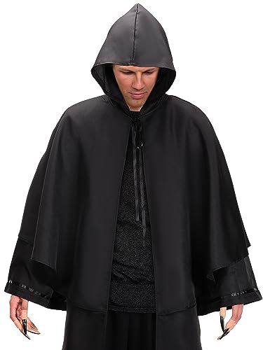 Ramede Halloween Wizard Costume with Black Capes Bald Cap Hairnet and False Nail Finger Tips for Holiday Cosplay Party Men (Large)