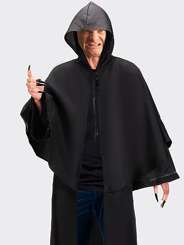 Ramede Halloween Wizard Costume with Black Capes Bald Cap Hairnet and False Nail Finger Tips for Holiday Cosplay Party Men (Large)