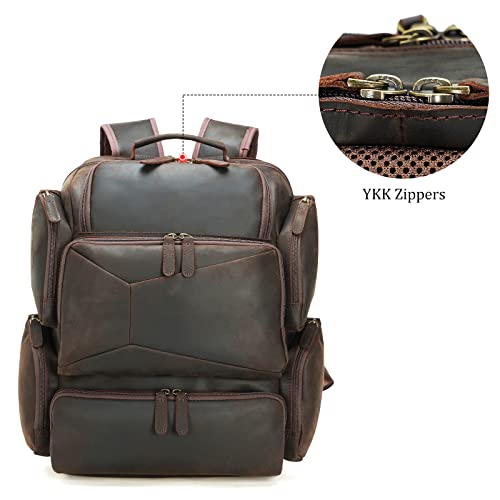 Polare Full Grain Leather Backpack Men's Business Travel Daypacks Camping Weekender Vintage College School Computer Bag Fits up to 15.6 Inch Laptop
