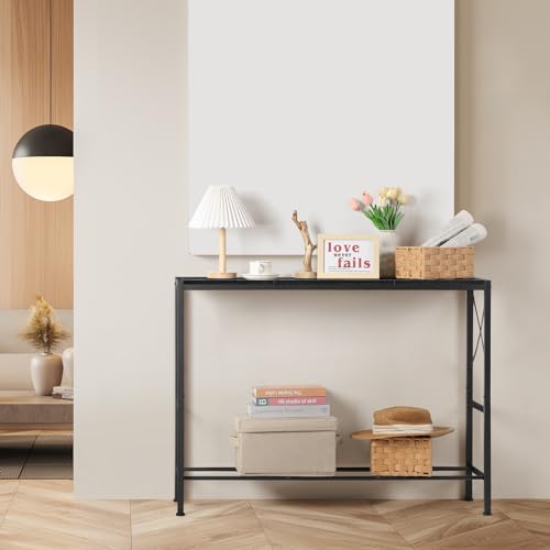 Narrow Console Table 41" Behind Couch Table Skinny Small Entryway Table, Black Wood Console Table with Metal Frame, Industrial Hallway Table for Entryway, Living Room, Foyer, Wood Sofa Table