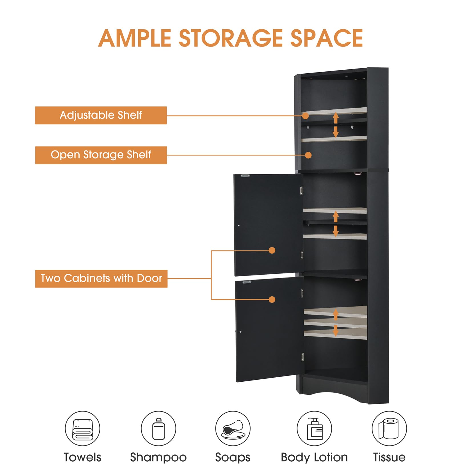 Home Freestanding Storage Cabinet with Five Tier Shelves, Tall Slim Cabinet, Free Standing Linen Tower, Corner Cabinet, Skinny Shelf Cabinet, Bathroom Cabinet Tall Skinny Shelf, Black
