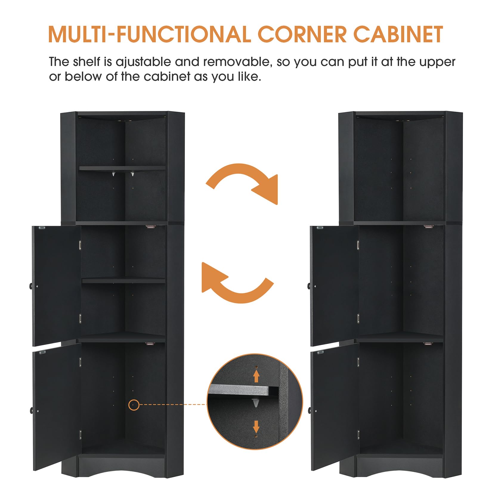 Home Freestanding Storage Cabinet with Five Tier Shelves, Tall Slim Cabinet, Free Standing Linen Tower, Corner Cabinet, Skinny Shelf Cabinet, Bathroom Cabinet Tall Skinny Shelf, Black
