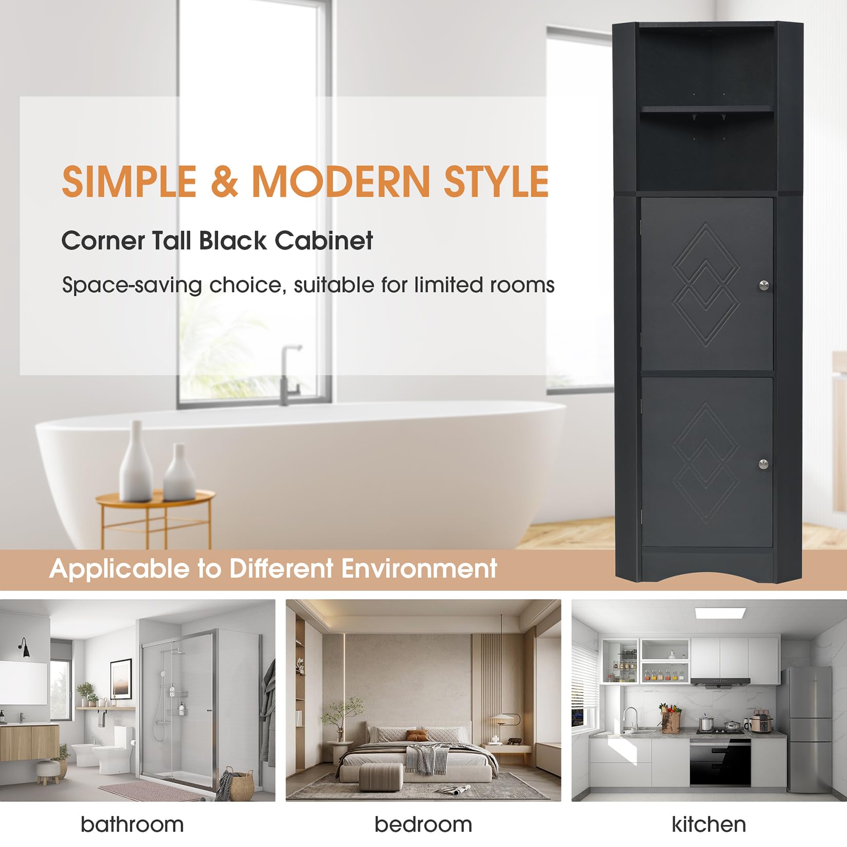 Home Freestanding Storage Cabinet with Five Tier Shelves, Tall Slim Cabinet, Free Standing Linen Tower, Corner Cabinet, Skinny Shelf Cabinet, Bathroom Cabinet Tall Skinny Shelf, Black