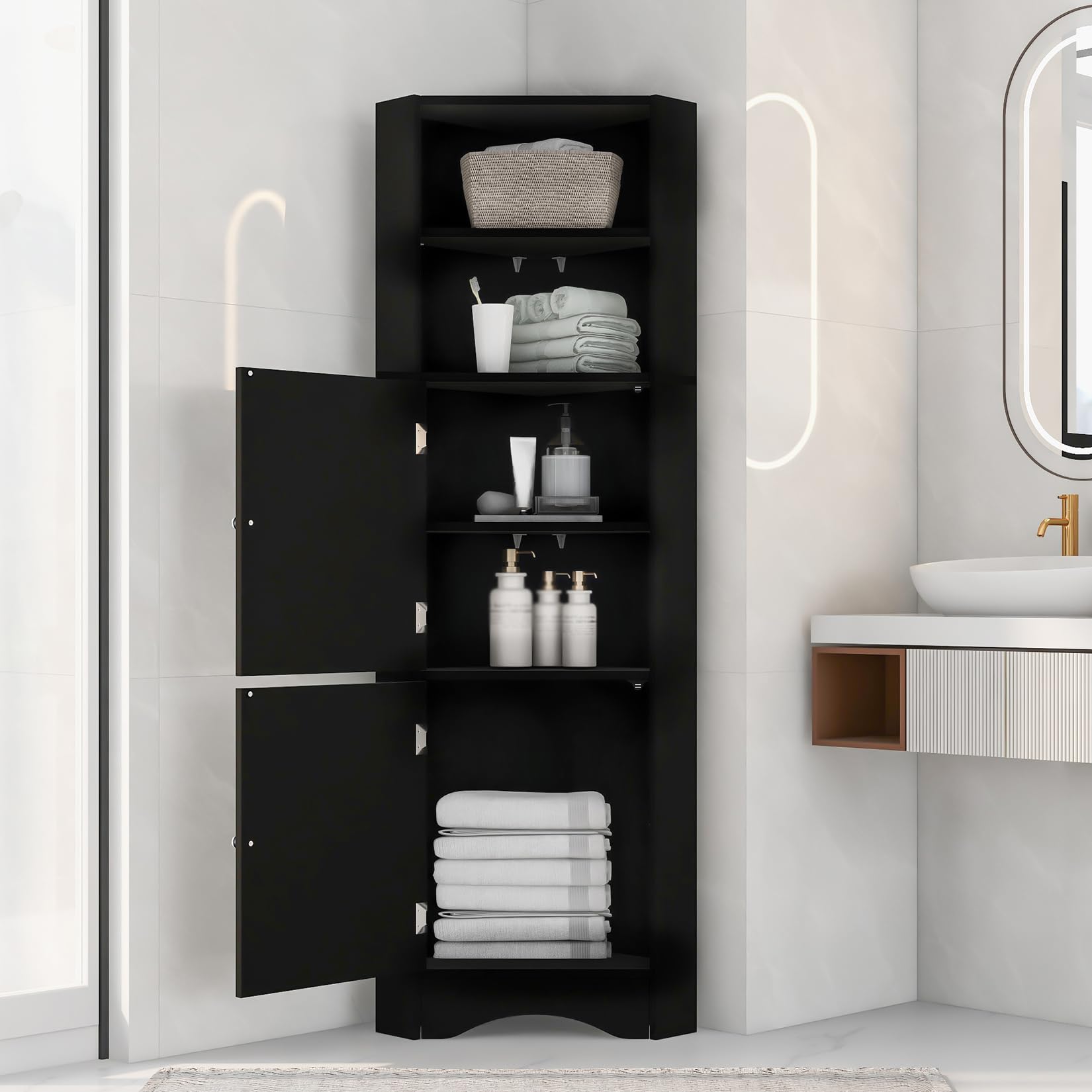 Home Freestanding Storage Cabinet with Five Tier Shelves, Tall Slim Cabinet, Free Standing Linen Tower, Corner Cabinet, Skinny Shelf Cabinet, Bathroom Cabinet Tall Skinny Shelf, Black