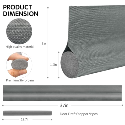 2 Pack Door Draft Stopper - 37 Inch One-Sided Under Door Draft Blockers - Soundproof, Dust, and Cold Air Stopper - Door Draft Stoppers for Bottom of Door, Fits Interior and Exterior Doors（Grey）