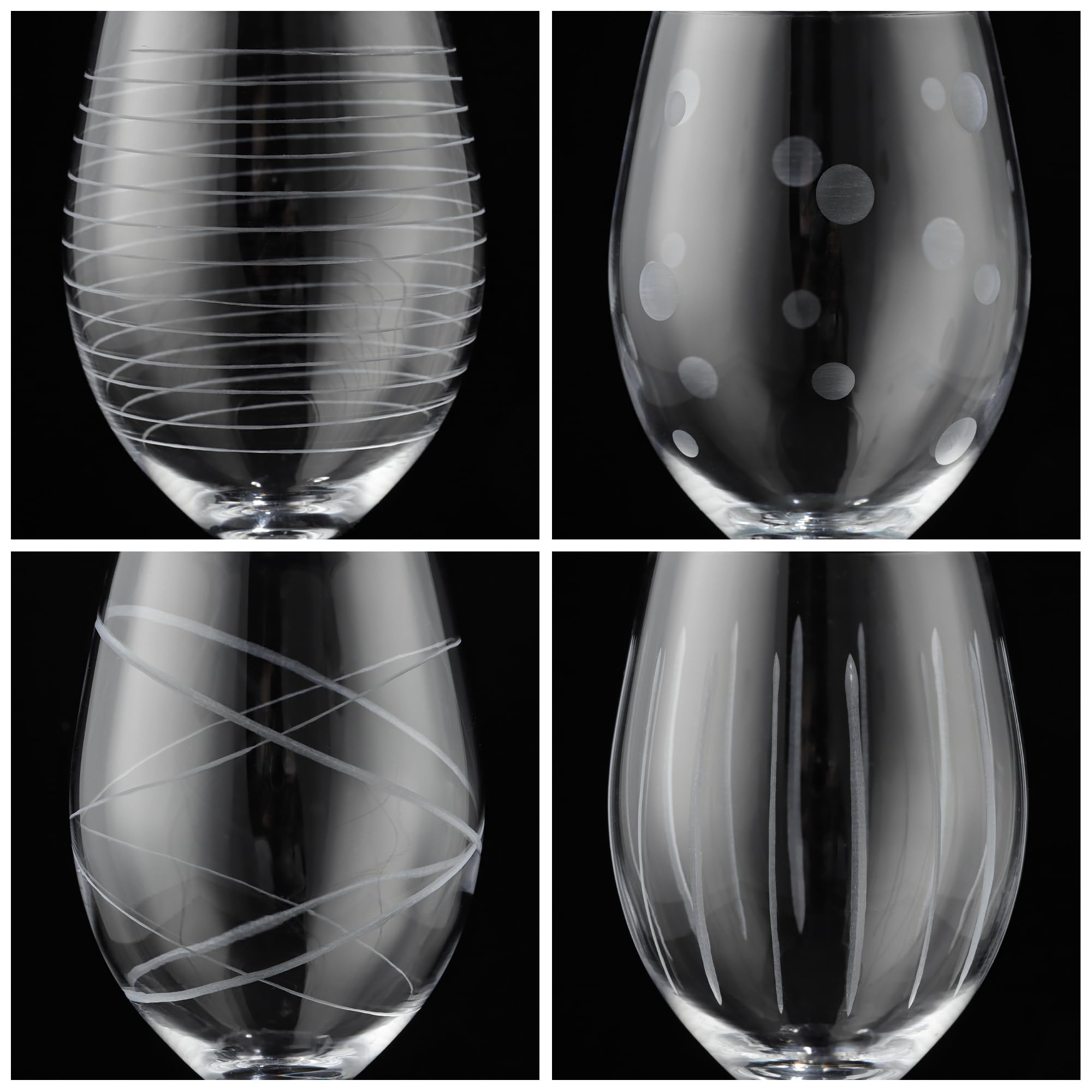 Joeyan Hand Blown Etched Red and White Wine Glasses,Stemmed Glasses with Stripes and Dots Pattern,Clear Carved Long Stem Glassware Set for Wine Tasting Birthday Anniversary Wedding,19 oz,Set of 4