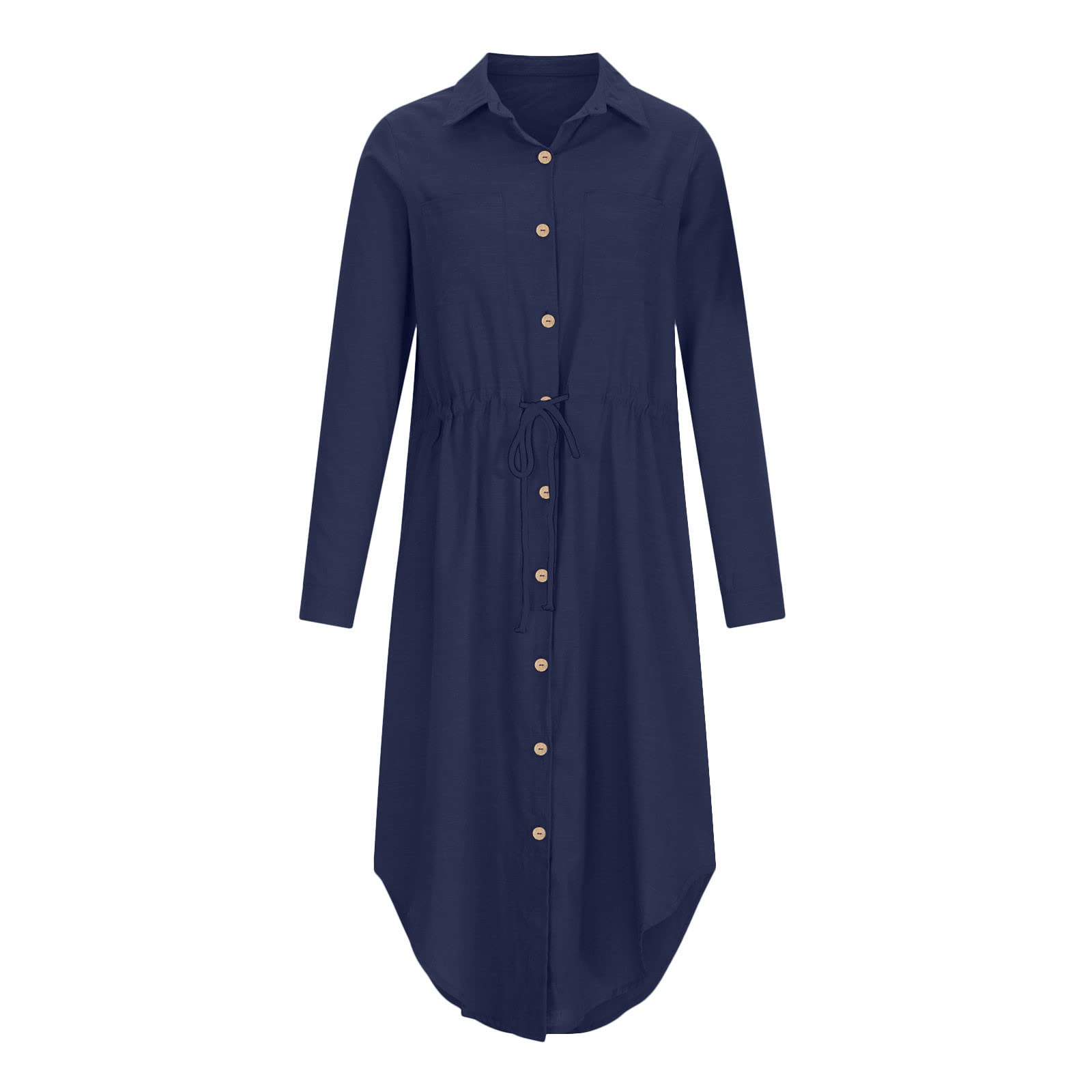 Ceboyel Linen Shirt Dresses for Women Button Down Drawstring Causal Dress Plain Long Maxi Dresses Trendy Ladies Outfits 2023 Sundresses for Women Navy 2X