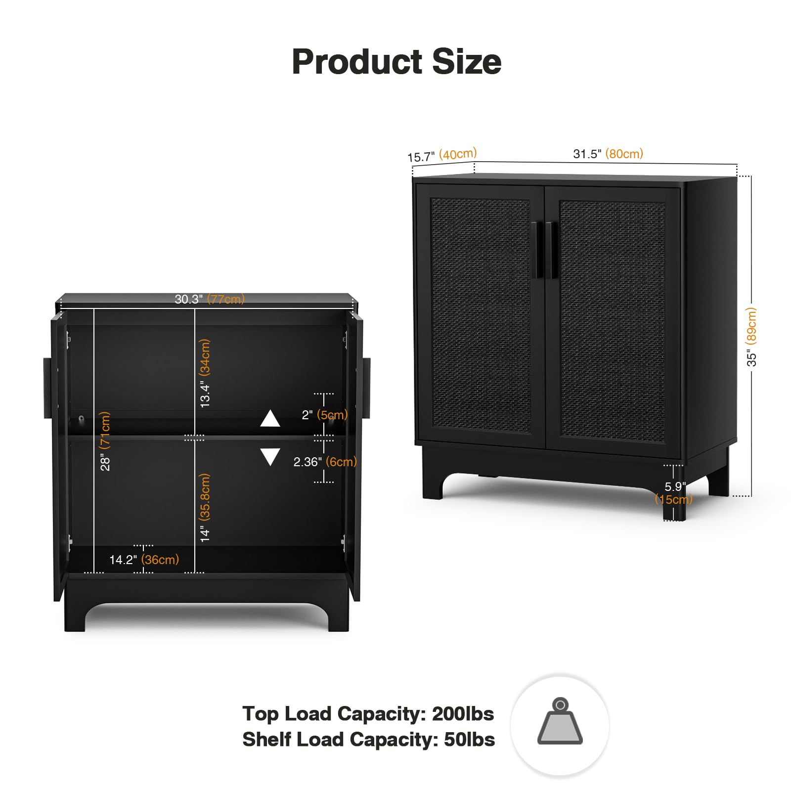 Anmytek Black Rattan Storage Cabinet with 2 Doors, Adjustable Shelf, Large Space - Entryway Hallway Cabinet, Sideboard Buffet for Living Room, Kitchen H0095