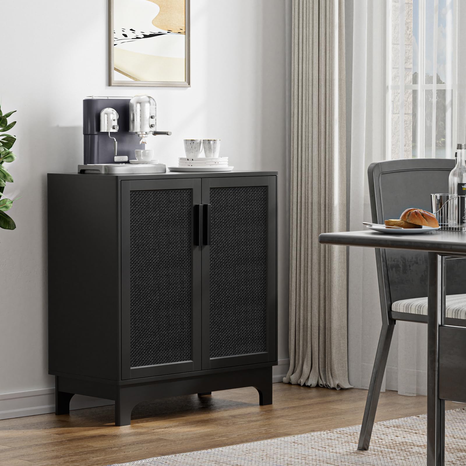 Anmytek Black Rattan Storage Cabinet with 2 Doors, Adjustable Shelf, Large Space - Entryway Hallway Cabinet, Sideboard Buffet for Living Room, Kitchen H0095