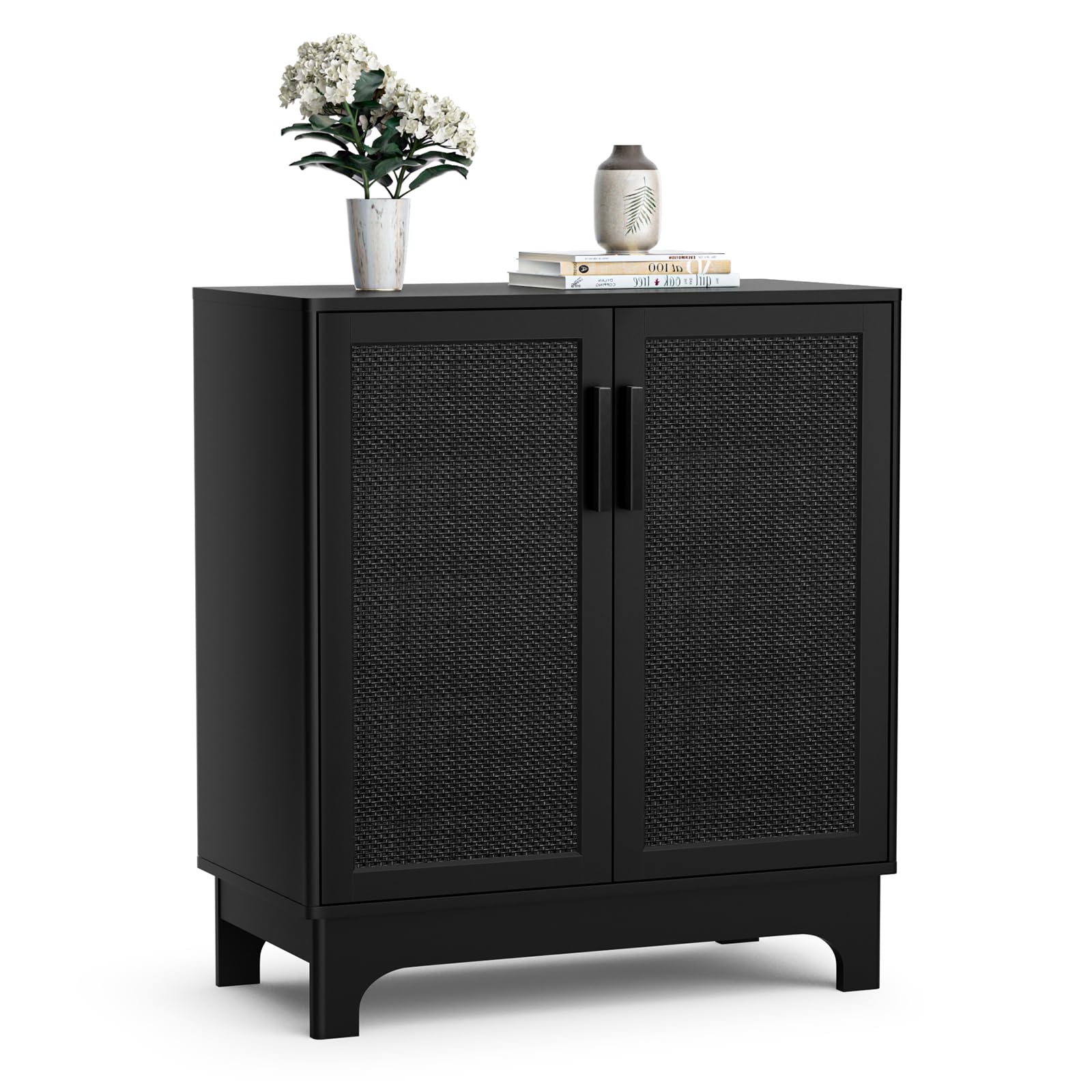 Anmytek Black Rattan Storage Cabinet with 2 Doors, Adjustable Shelf, Large Space - Entryway Hallway Cabinet, Sideboard Buffet for Living Room, Kitchen H0095