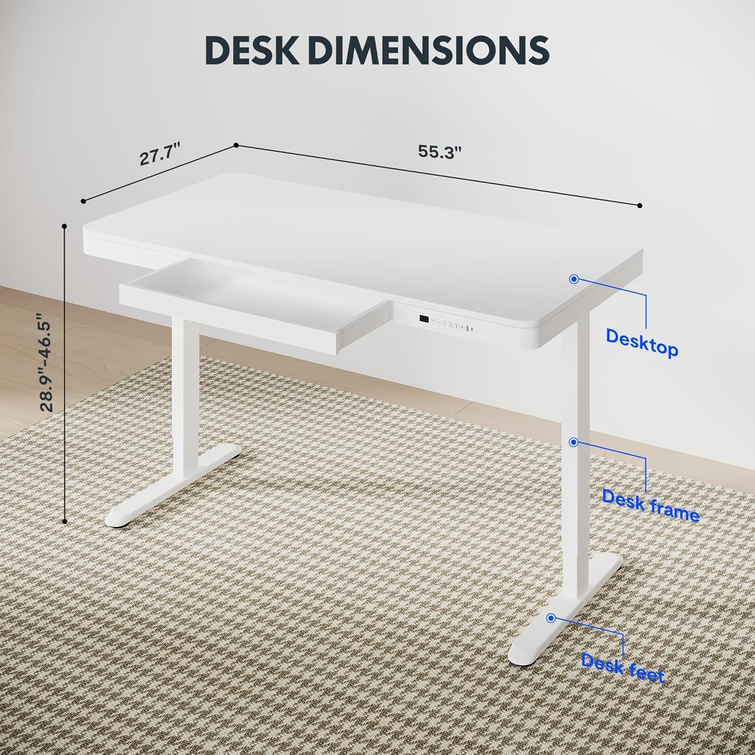 SANODESK Standing Desk with Drawer, Electric Height Adjustable Home Office Desk with Storage & USB Ports, 55 inch White Wood Tabletop/White Frame