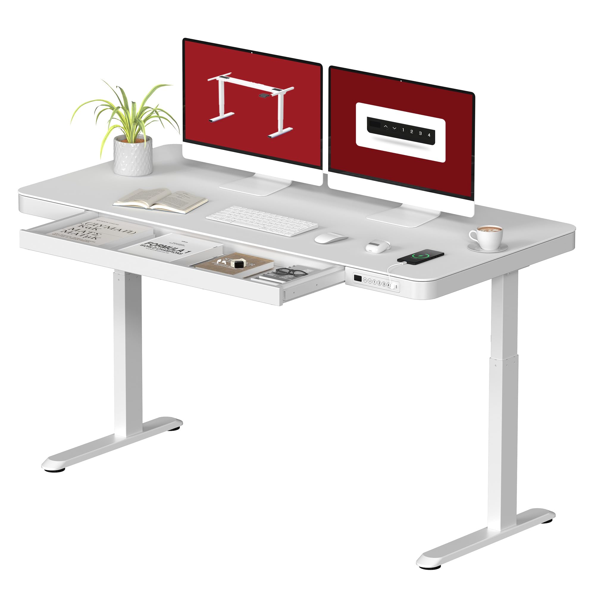 SANODESK Standing Desk with Drawer, Electric Height Adjustable Home Office Desk with Storage & USB Ports, 55 inch White Wood Tabletop/White Frame