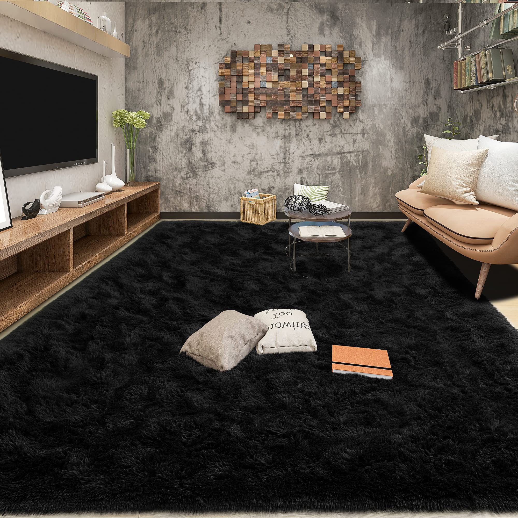 Tepook 7x10 Area Rugs for Living Room, Super Soft Fluffy Rugs for Bedroom, Modern Shaggy Rug Fuzzy Carpets for Kids, Plush Indoor Nursery Home Decor Rug with Non-Slip Bottom, Black