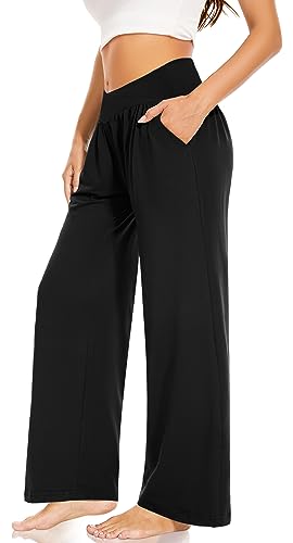SUNYAA Womens Wide Leg Yoga Pants High Waisted Flowy Casual Loose Comfy Lounge Palazzo Sweatpants Pajamas with Pockets Black S