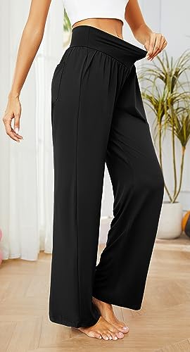 SUNYAA Womens Wide Leg Yoga Pants High Waisted Flowy Casual Loose Comfy Lounge Palazzo Sweatpants Pajamas with Pockets Black S