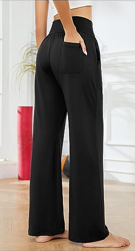 SUNYAA Womens Wide Leg Yoga Pants High Waisted Flowy Casual Loose Comfy Lounge Palazzo Sweatpants Pajamas with Pockets Black S