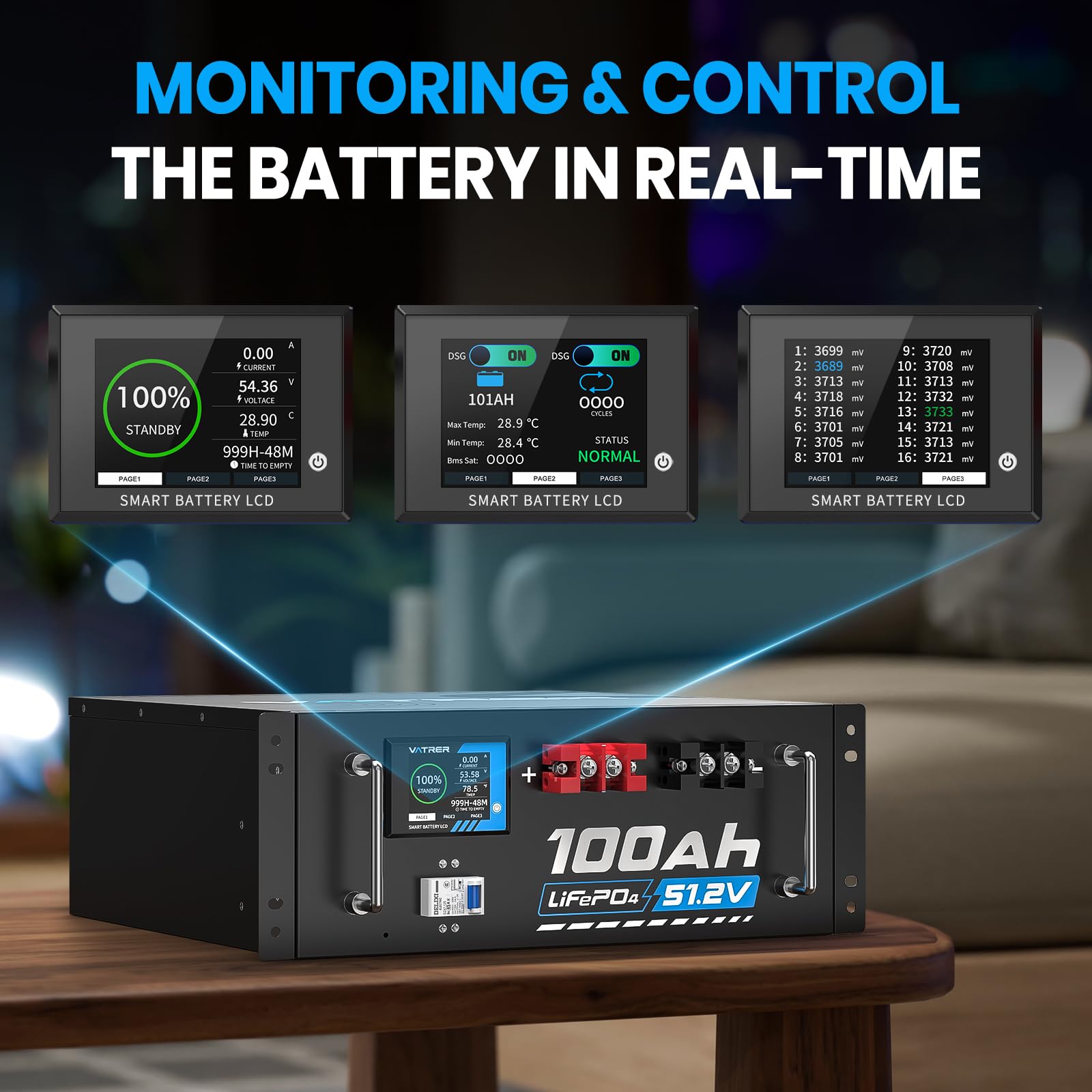 VATRER POWER 48V 100AH Lithium LiFePO4 Battery, Built-in 100A BMS, with Touchable Smart Display & Mobile APP, Max. 4800W Power Output, 5000+ Cycles, Perfect for Solar System &Off-Grid Applications