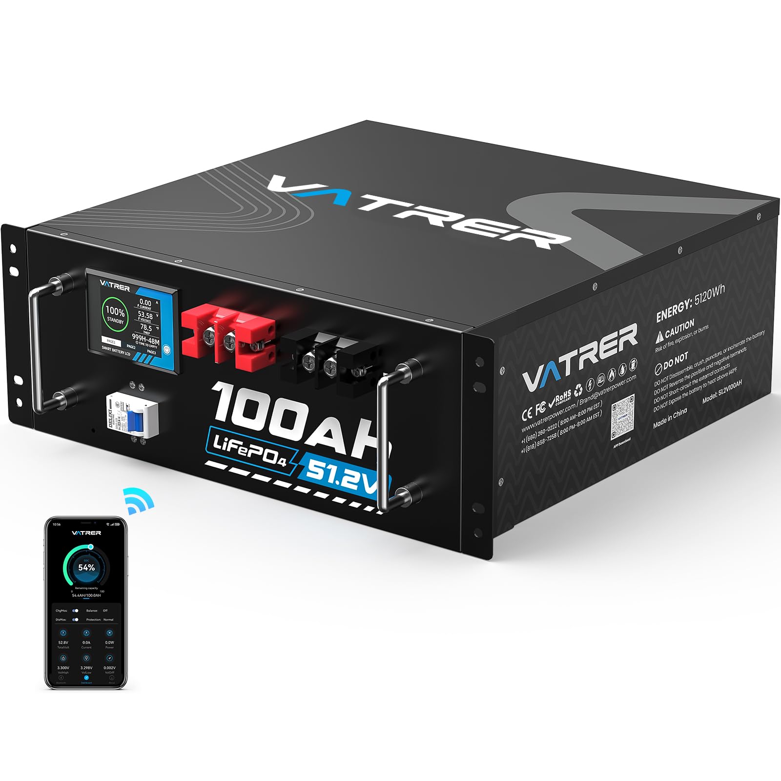 VATRER POWER 48V 100AH Lithium LiFePO4 Battery, Built-in 100A BMS, with Touchable Smart Display & Mobile APP, Max. 4800W Power Output, 5000+ Cycles, Perfect for Solar System &Off-Grid Applications