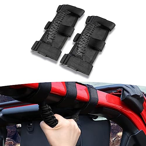 Kewucn 2 Pack Car Roll Bar Grab Handles Grip Handle with 3 Straps, Easy to Install and Durable Grab Handle Set, Compatible with 1987-2023 Wrangler YJ TJ JK JKU JL JLU & Gladiator JT (Black)
