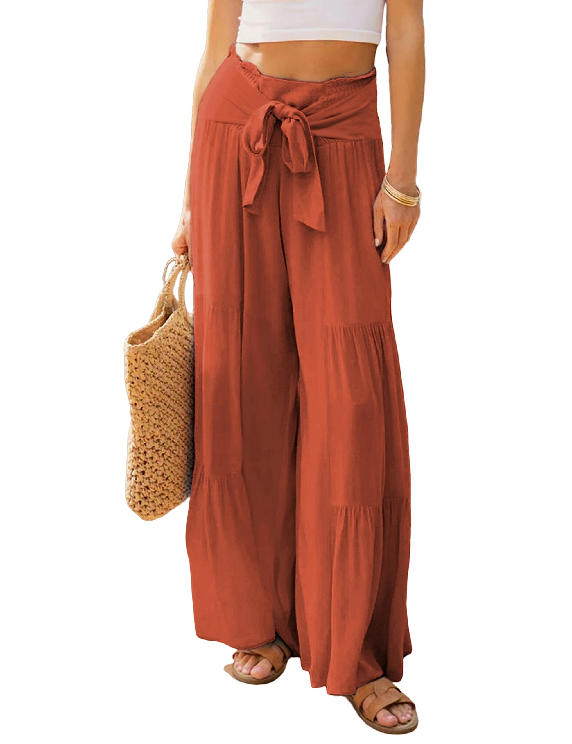 Xiaoxuemeng Women's Tiered Palazzo Pants Flowy Elastic High Waisted Wide Leg Beach Pants (Rust-XL)