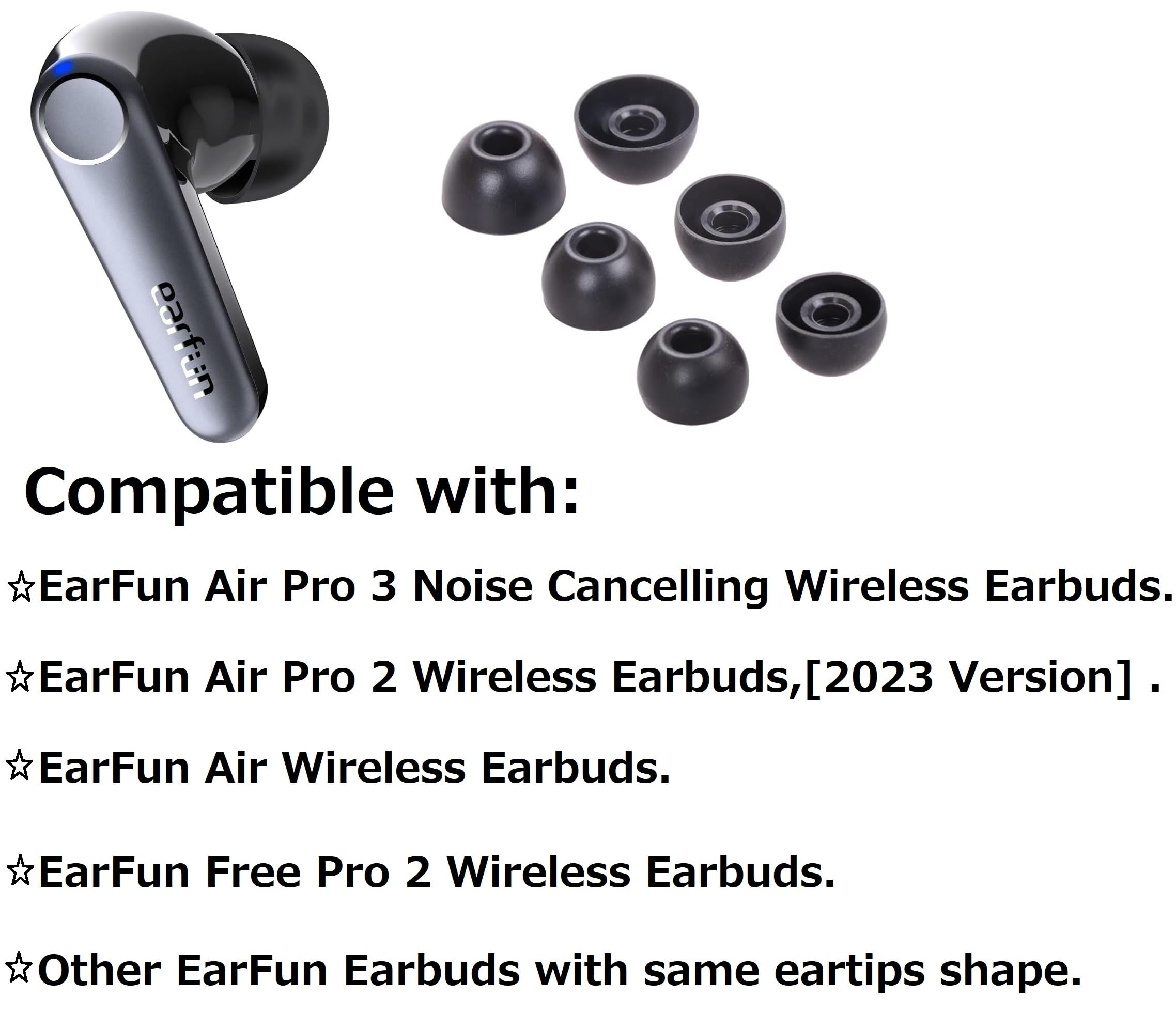 Replacement Earbuds Ear Tips Eartips Ear Cap Compatible with EarFun Air Pro 3 / Air Pro 2 / EarFun Air, S/M/L Silicone Earbuds Tip 6 Pairs,Black (713efb6p)