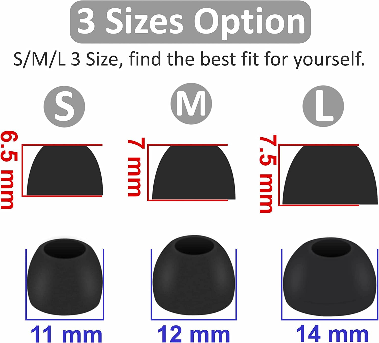 Replacement Earbuds Ear Tips Eartips Ear Cap Compatible with EarFun Air Pro 3 / Air Pro 2 / EarFun Air, S/M/L Silicone Earbuds Tip 6 Pairs,Black (713efb6p)