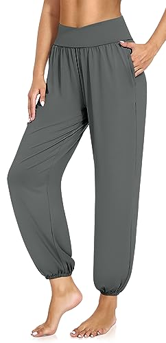 UEU Women's Harem Crossover High Waisted Flowy Pants Yoga Joggers with Pockets Lounge Pajamas Casual Loose Sweatpants MidGray XL
