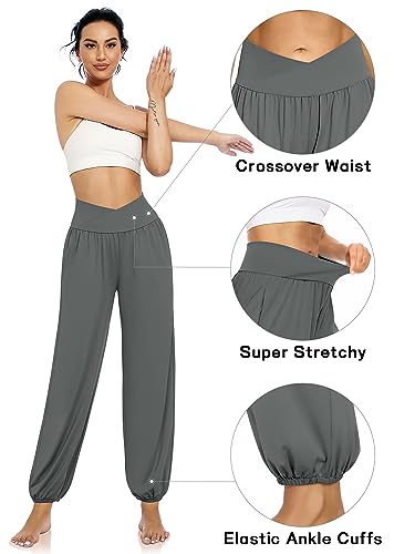 UEU Women's Harem Crossover High Waisted Flowy Pants Yoga Joggers with Pockets Lounge Pajamas Casual Loose Sweatpants MidGray XL
