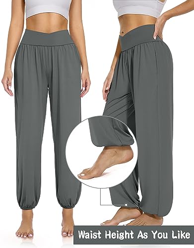 UEU Women's Harem Crossover High Waisted Flowy Pants Yoga Joggers with Pockets Lounge Pajamas Casual Loose Sweatpants MidGray XL