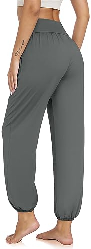 UEU Women's Harem Crossover High Waisted Flowy Pants Yoga Joggers with Pockets Lounge Pajamas Casual Loose Sweatpants MidGray XL