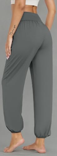 UEU Women's Harem Crossover High Waisted Flowy Pants Yoga Joggers with Pockets Lounge Pajamas Casual Loose Sweatpants MidGray XL