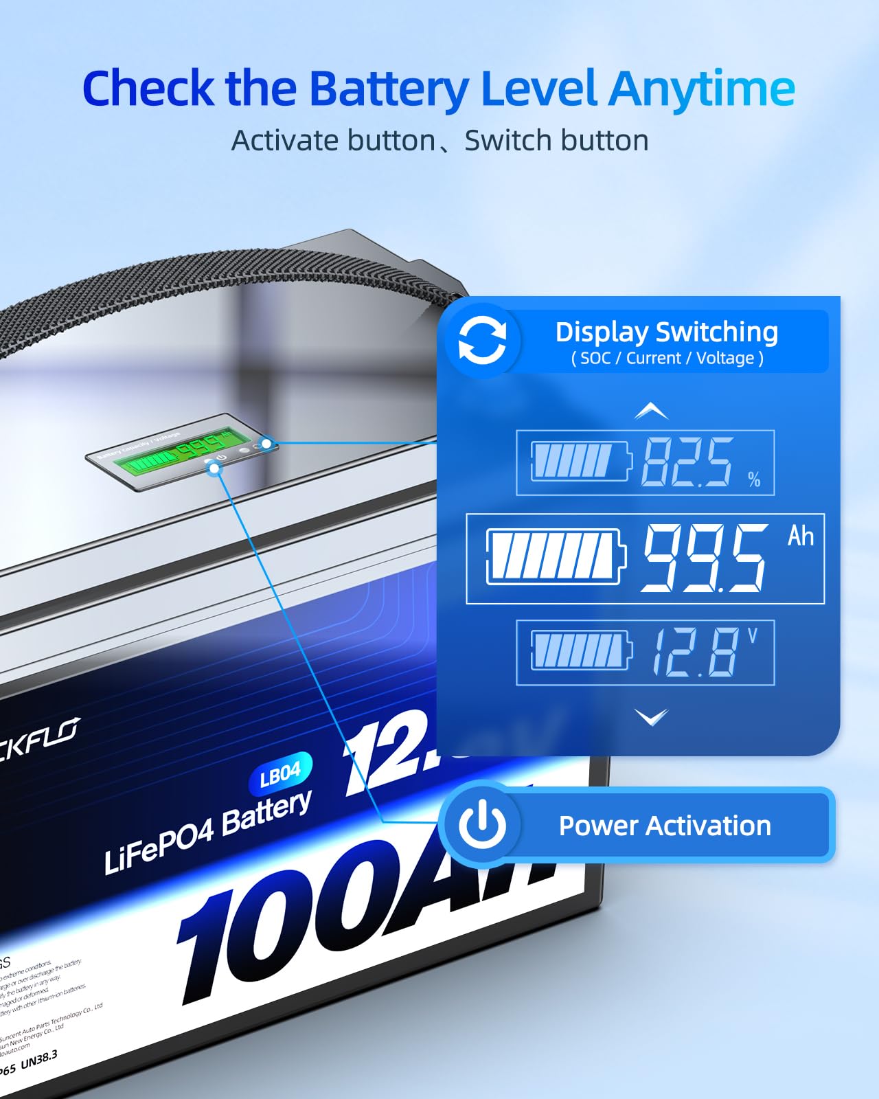 ShockFlo 12v 100Ah LiFePO4 Lithium Battery, Deep Cycle Lithium Iron Phosphate Battery, Built-in Superior BMS Protection, 15000+ Cycles Rechargeable Battery, APP Power Monitoring Perfect for RV, LB04