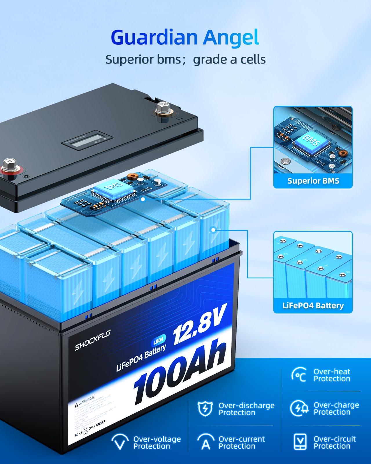 ShockFlo 12v 100Ah LiFePO4 Lithium Battery, Deep Cycle Lithium Iron Phosphate Battery, Built-in Superior BMS Protection, 15000+ Cycles Rechargeable Battery, APP Power Monitoring Perfect for RV, LB04