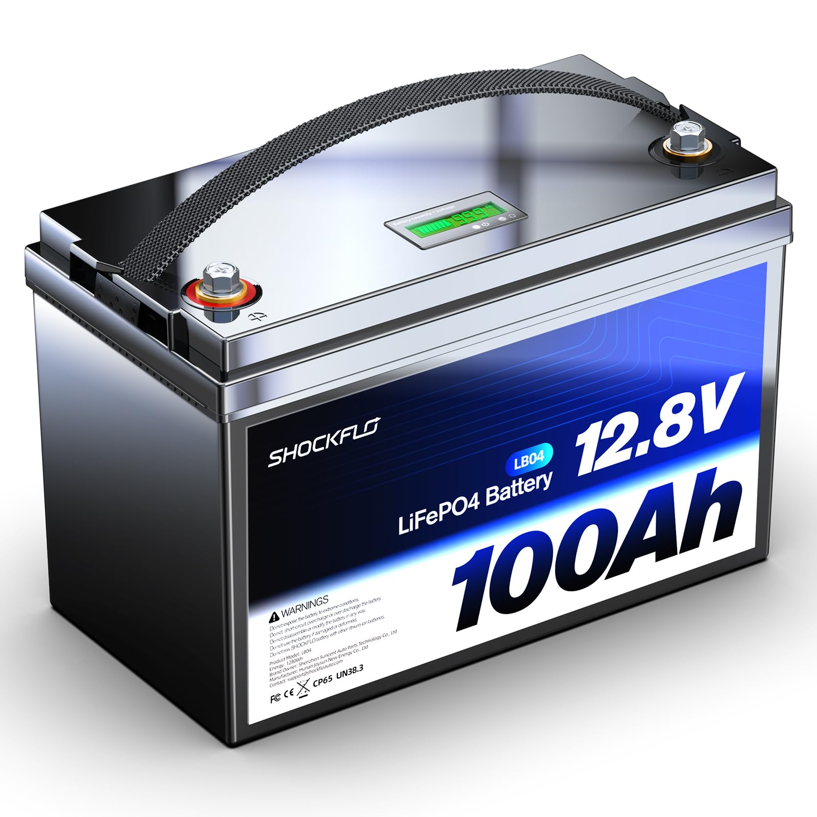 ShockFlo 12v 100Ah LiFePO4 Lithium Battery, Deep Cycle Lithium Iron Phosphate Battery, Built-in Superior BMS Protection, 15000+ Cycles Rechargeable Battery, APP Power Monitoring Perfect for RV, LB04