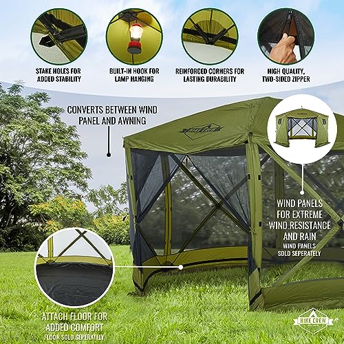 Hike Crew 12’ x 12’ Pop-Up Gazebo Screen Tent | Screened 6-Sided Instant Outdoor Canopy Shelter with Stakes, Ropes & Carry Bag for Camping, Sports & Picnic Table | UV Resistant SPF 50+