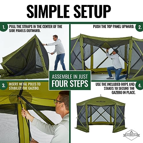 Hike Crew 12’ x 12’ Pop-Up Gazebo Screen Tent | Screened 6-Sided Instant Outdoor Canopy Shelter with Stakes, Ropes & Carry Bag for Camping, Sports & Picnic Table | UV Resistant SPF 50+