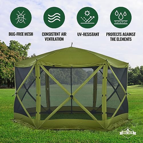 Hike Crew 12’ x 12’ Pop-Up Gazebo Screen Tent | Screened 6-Sided Instant Outdoor Canopy Shelter with Stakes, Ropes & Carry Bag for Camping, Sports & Picnic Table | UV Resistant SPF 50+