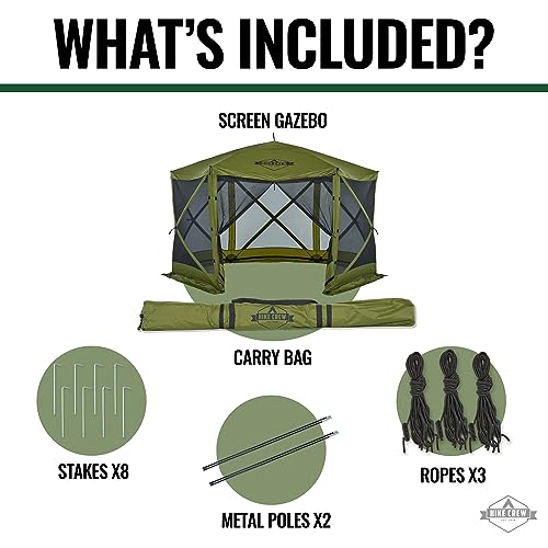 Hike Crew 12’ x 12’ Pop-Up Gazebo Screen Tent | Screened 6-Sided Instant Outdoor Canopy Shelter with Stakes, Ropes & Carry Bag for Camping, Sports & Picnic Table | UV Resistant SPF 50+