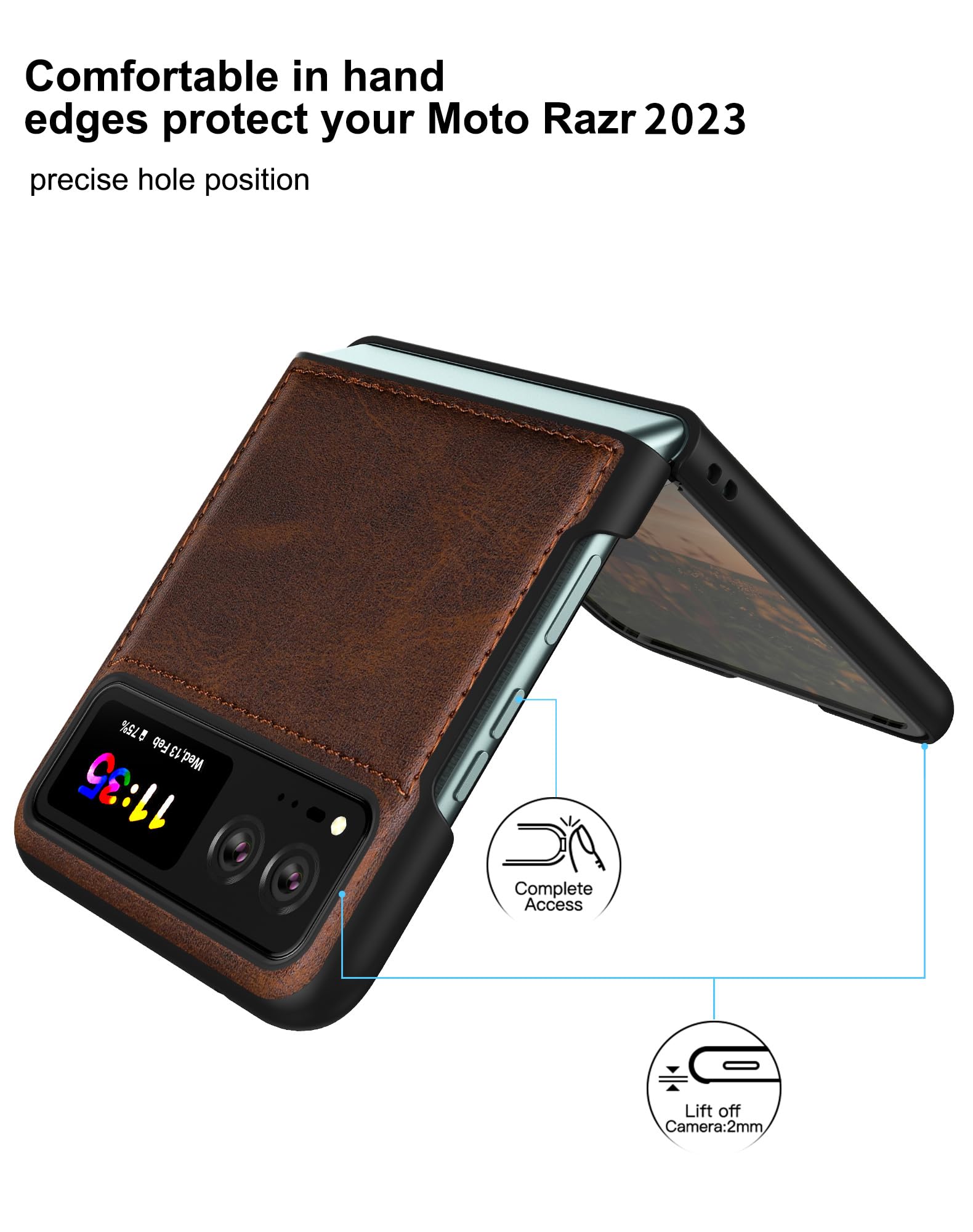 Foluu for Motorola Razr 2023 Case [Not fit Razr Plus 2023], Moto Razr 2023 Leather Case, PU Leather + Hard PC Shell Ultra Thin Slim Durable Protective Phone Case Cover for Motorola Razr 2023 Brown