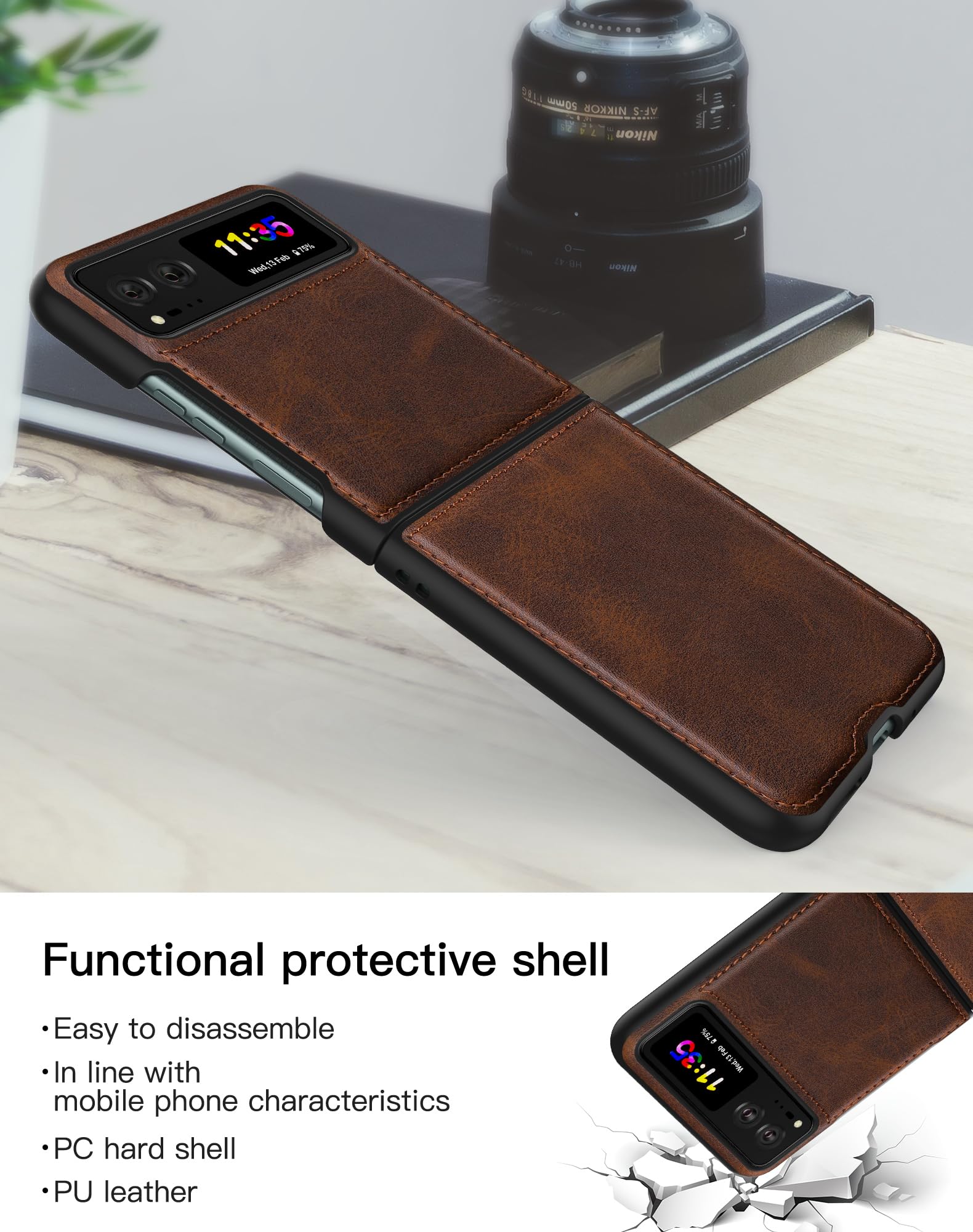 Foluu for Motorola Razr 2023 Case [Not fit Razr Plus 2023], Moto Razr 2023 Leather Case, PU Leather + Hard PC Shell Ultra Thin Slim Durable Protective Phone Case Cover for Motorola Razr 2023 Brown
