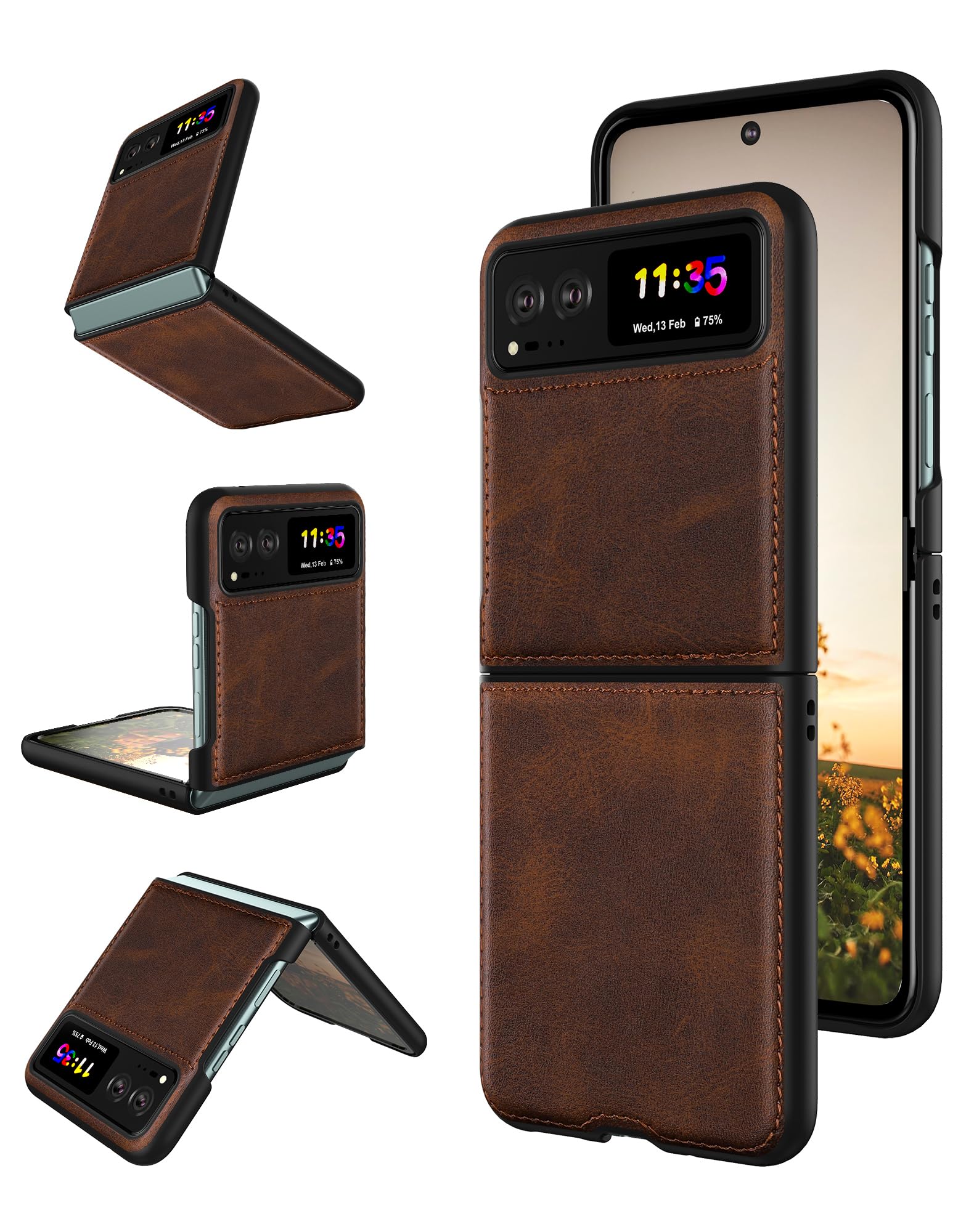 Foluu for Motorola Razr 2023 Case [Not fit Razr Plus 2023], Moto Razr 2023 Leather Case, PU Leather + Hard PC Shell Ultra Thin Slim Durable Protective Phone Case Cover for Motorola Razr 2023 Brown