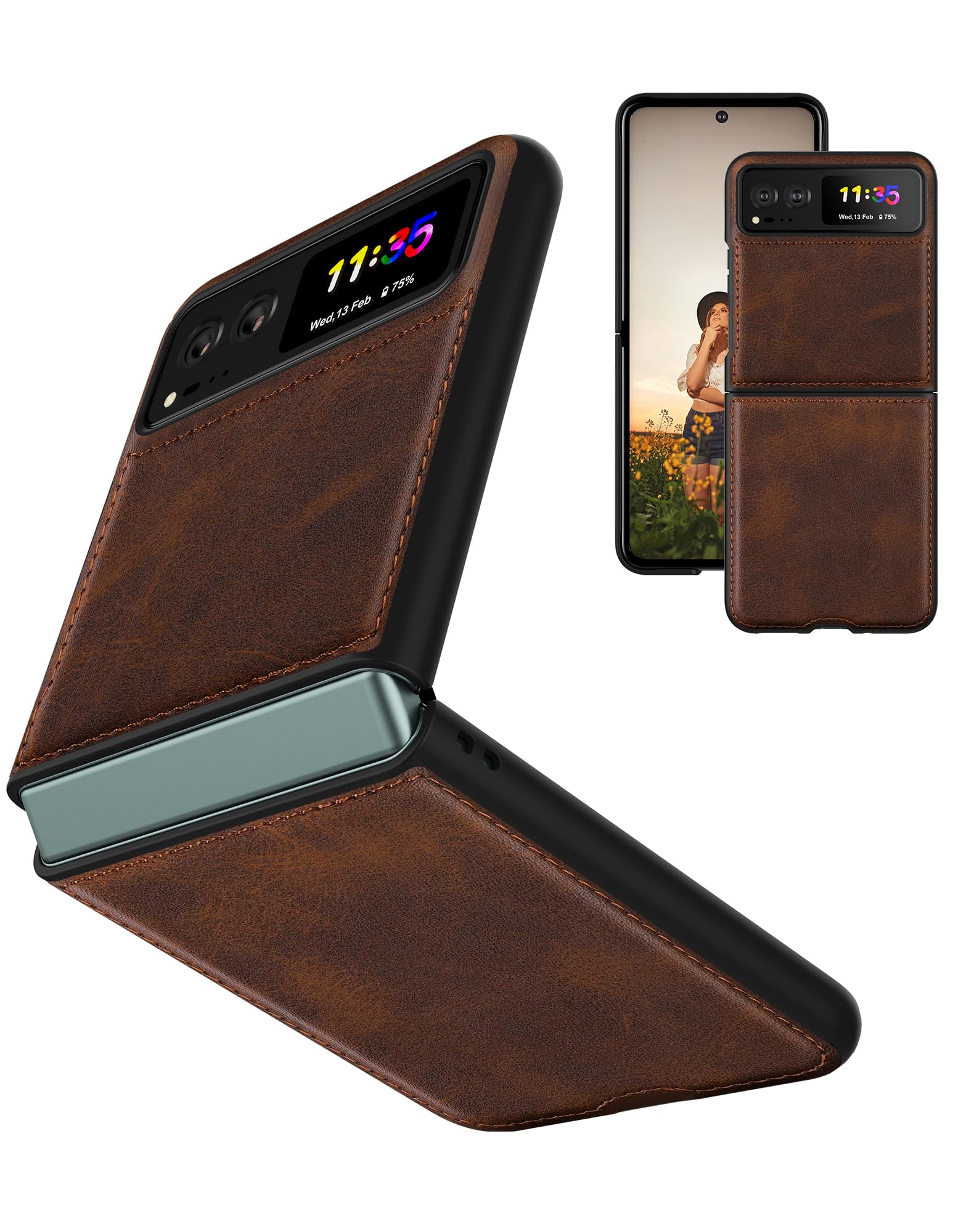Foluu for Motorola Razr 2023 Case [Not fit Razr Plus 2023], Moto Razr 2023 Leather Case, PU Leather + Hard PC Shell Ultra Thin Slim Durable Protective Phone Case Cover for Motorola Razr 2023 Brown