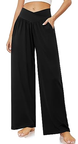 SUNYAA Womens Wide Leg Yoga Pants High Waisted Flowy Casual Loose Comfy Lounge Palazzo Sweatpants Pajamas with Pockets Black XL