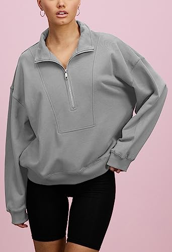 Fixmatti Women Oversized Zip Up Sweatshirts Half Zipper Long Sleeve Drop Shoulder V Neck Pullover Tops Light Grey M