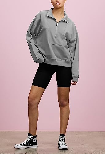 Fixmatti Women Oversized Zip Up Sweatshirts Half Zipper Long Sleeve Drop Shoulder V Neck Pullover Tops Light Grey M