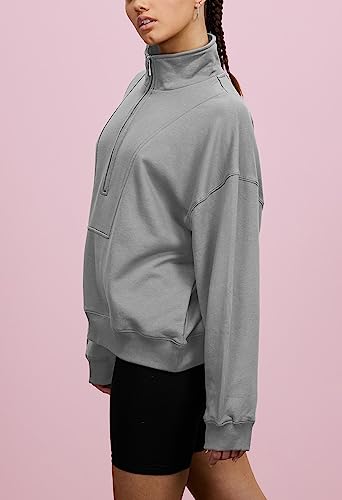 Fixmatti Women Oversized Zip Up Sweatshirts Half Zipper Long Sleeve Drop Shoulder V Neck Pullover Tops Light Grey M