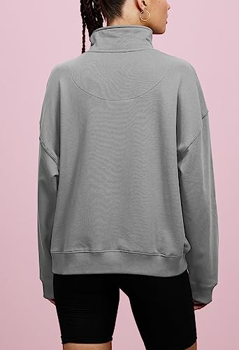 Fixmatti Women Oversized Zip Up Sweatshirts Half Zipper Long Sleeve Drop Shoulder V Neck Pullover Tops Light Grey M
