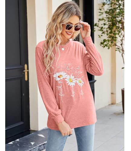JNIFULI Womens Casual Long Sleeve Tunic Tops Funny Letter Sunflower Print Side Split Loose Fit Pullover T Shirts